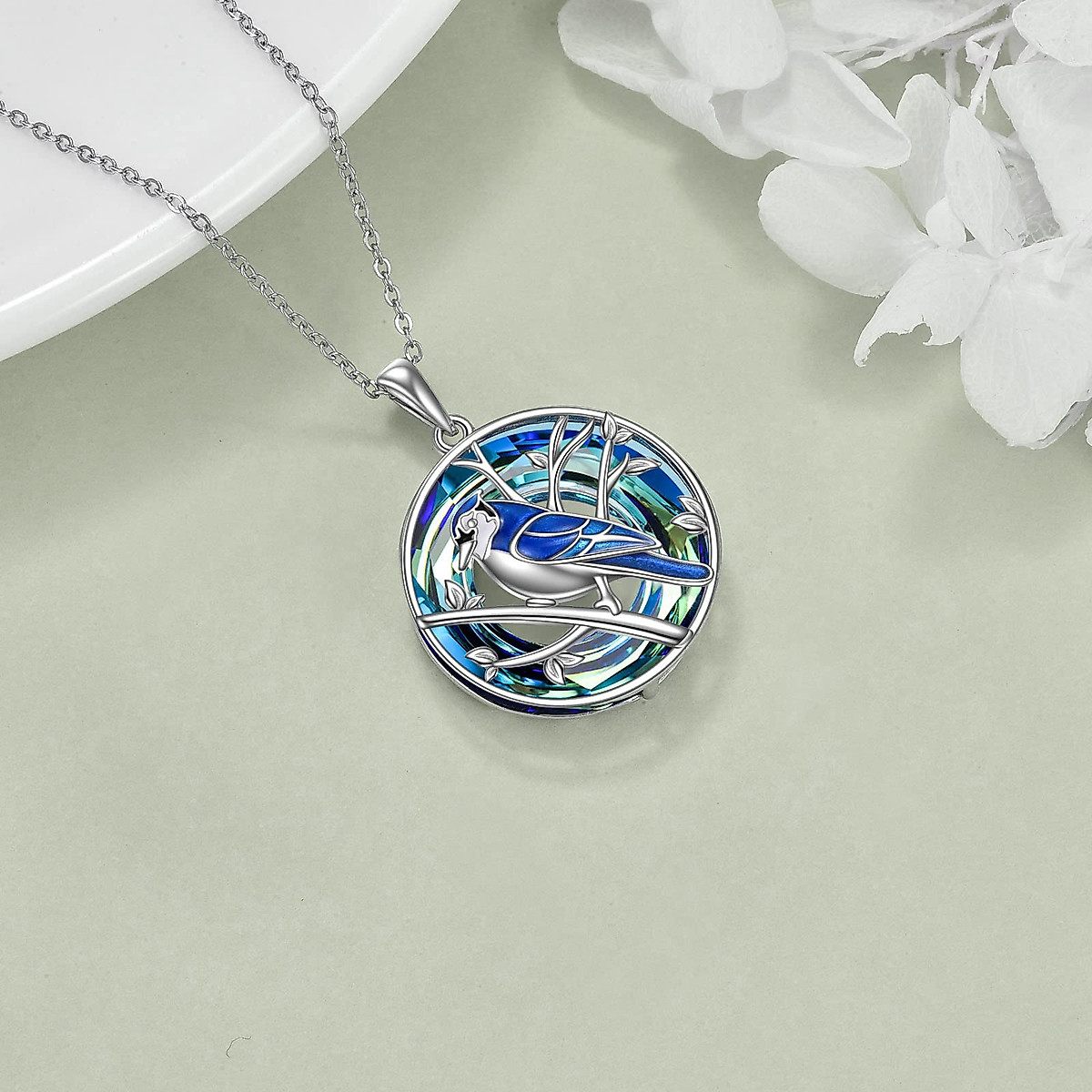 ONEFINITY Blue Jay Necklace 925 Sterling Silver Blue Jay Crystal Pendant Necklaces Blue Bird Jewelry for Bird Lover Gifts