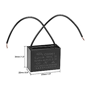 uxcell Ceiling Fan Capacitor CBB61 5uF 350V AC 2 Wires Metallized Polypropylene Film Capacitor 47x34x22mm for Electric Fan Pump Motor Generator