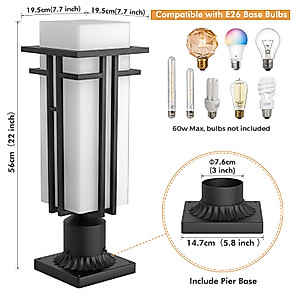 Yoenecea Outdoor Post Light Fixture - Aluminum Lamp Posts Outdoor Lighting, Outdoor Lightpost Lantern with 3-Inch Pier Mount Base Outside Pole Lighting for Porch Garnden (22''H, 1 pc)