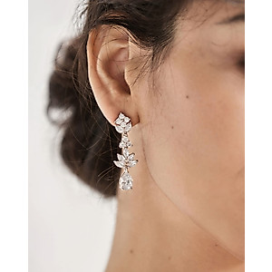 SWEETV Teardrop Wedding Earrings for Brides Birdesmaid, Crystal Cubic Zirconia Bridal Drop Earrings for Women Prom, Silver