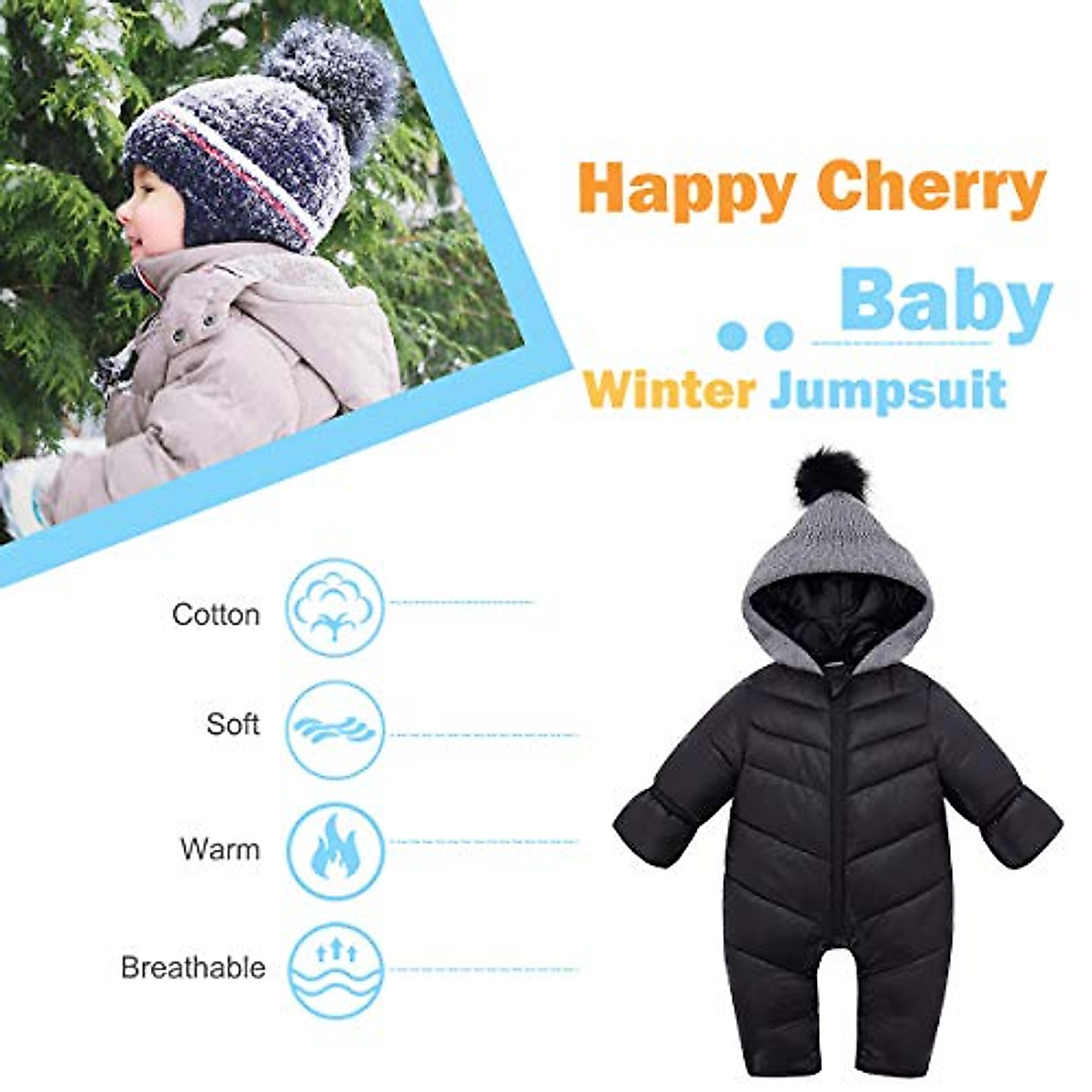Happy Cherry Baby Boys Girls Snowsuit Hooded Down Jumpsuit Winter Warm Coat Infant Zipper One Piece Puffer Romper