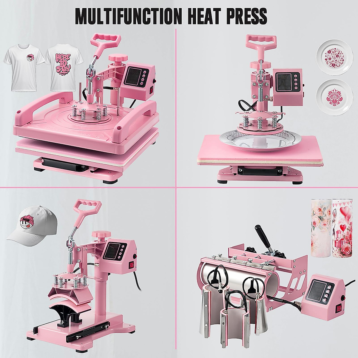 Leomru 8 in 1 Heat Press Machine 15x15 Inch, Heat Press Machine for T Shirts Hat Cap Mug Plate 360° Swing Away, Sublimation Heat Press Heat Transfer Machine W/ 30OZ Tumbler Press Pink