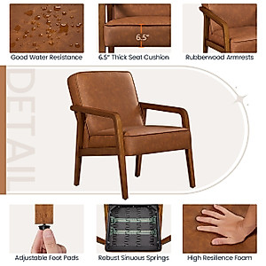 Yaheetech PU Leather Accent Chair, Mid-Century Modern Barrel Chair with Wooden Frame and Soft Thick Padded for Living Room Bedroom Home Office, Light Brown