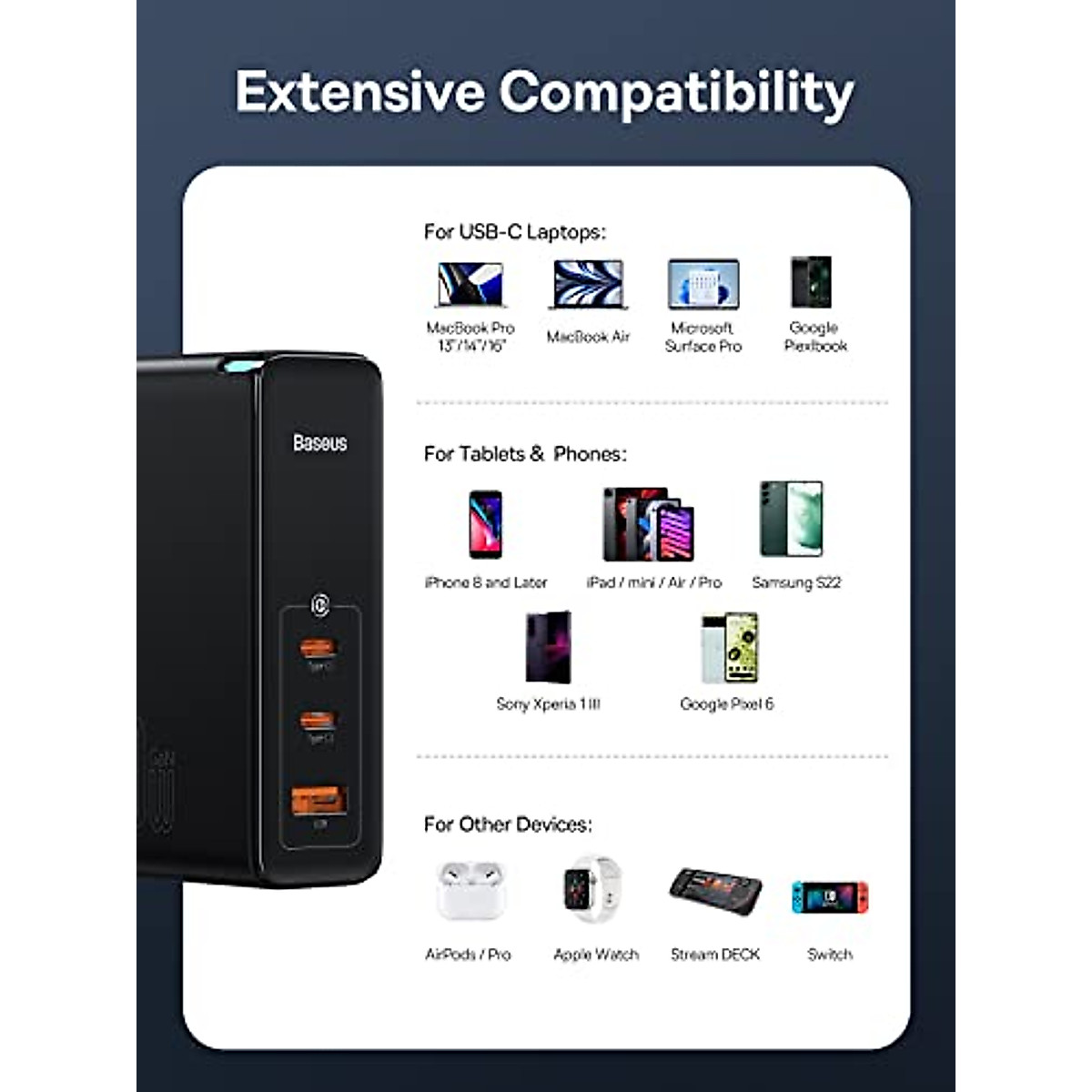 Baseus USB C Charger, 140W Wall Charger PD 3.1 with 3.3ft USB C to C Cable, 3-Port GaN5 Charger for Laptops, iPad, iPhone 14/13 Series, Galaxy, MacBook Pro 16'', Steam Deck, Black