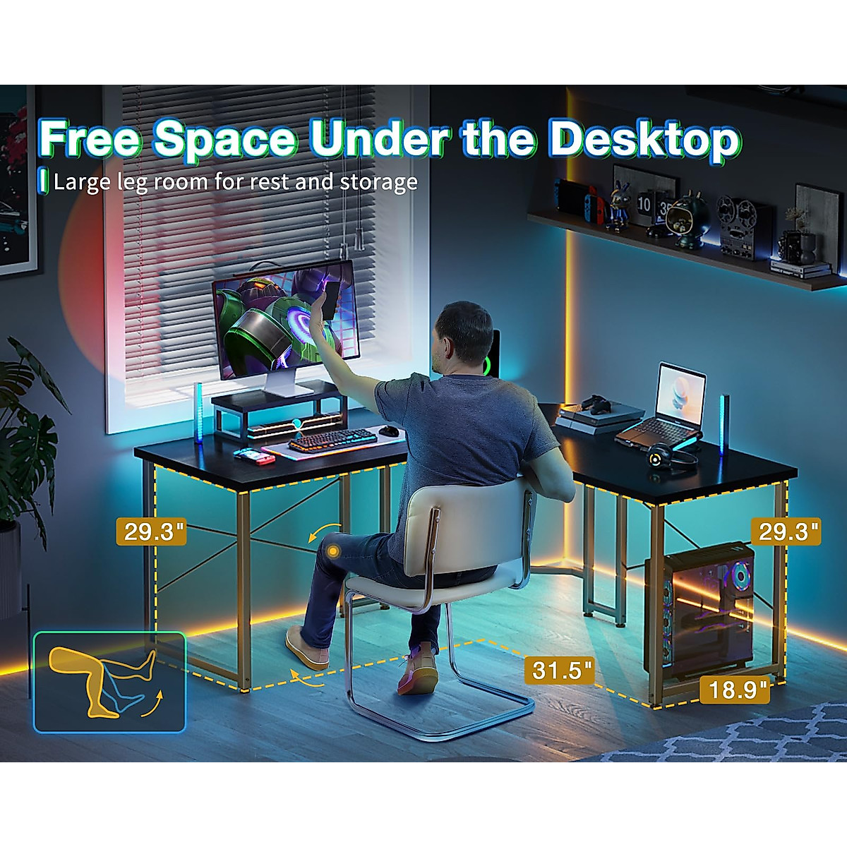 AODK L Shaped Gaming Desk, Computer Corner Desk, PC Gaming Desk Table with Large Monitor Riser Stand for Home Office Sturdy Writing Workstation,51 * 19 inch,Classical Black