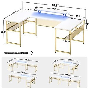 Unikito U Shaped Desk with LED Strip and Power Outlet, Reversible Large Corner Computer Desk with Monitor Stand and Storage Shelf, 83 Inch U Shape Office Desks, 2 Person L Shaped Gaming Table, White