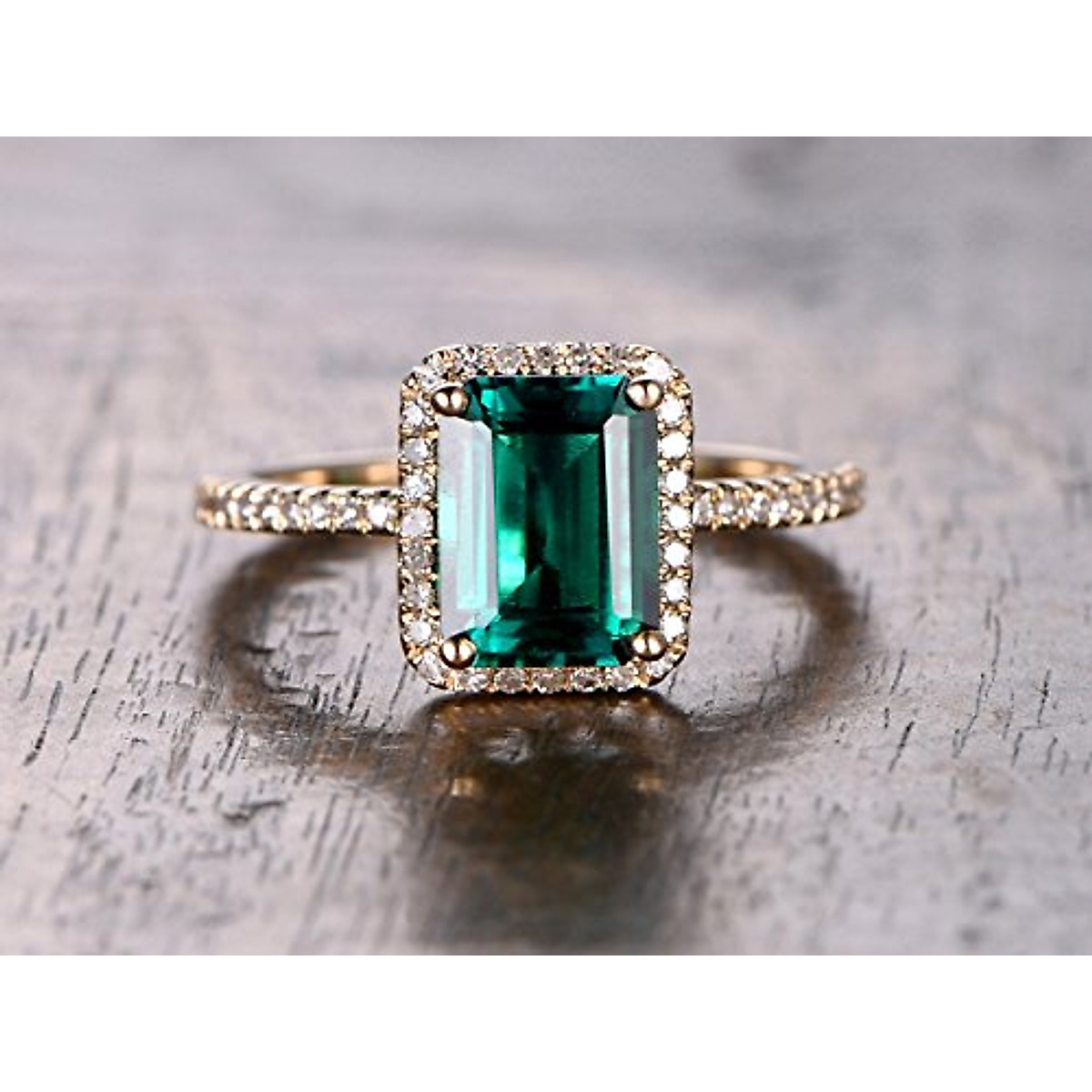 Emerald Engagement Ring,14K Yellow Gold,May Birthstone,6x8mm Emerald Cut Green Gems,Halo,Ball Prong Set
