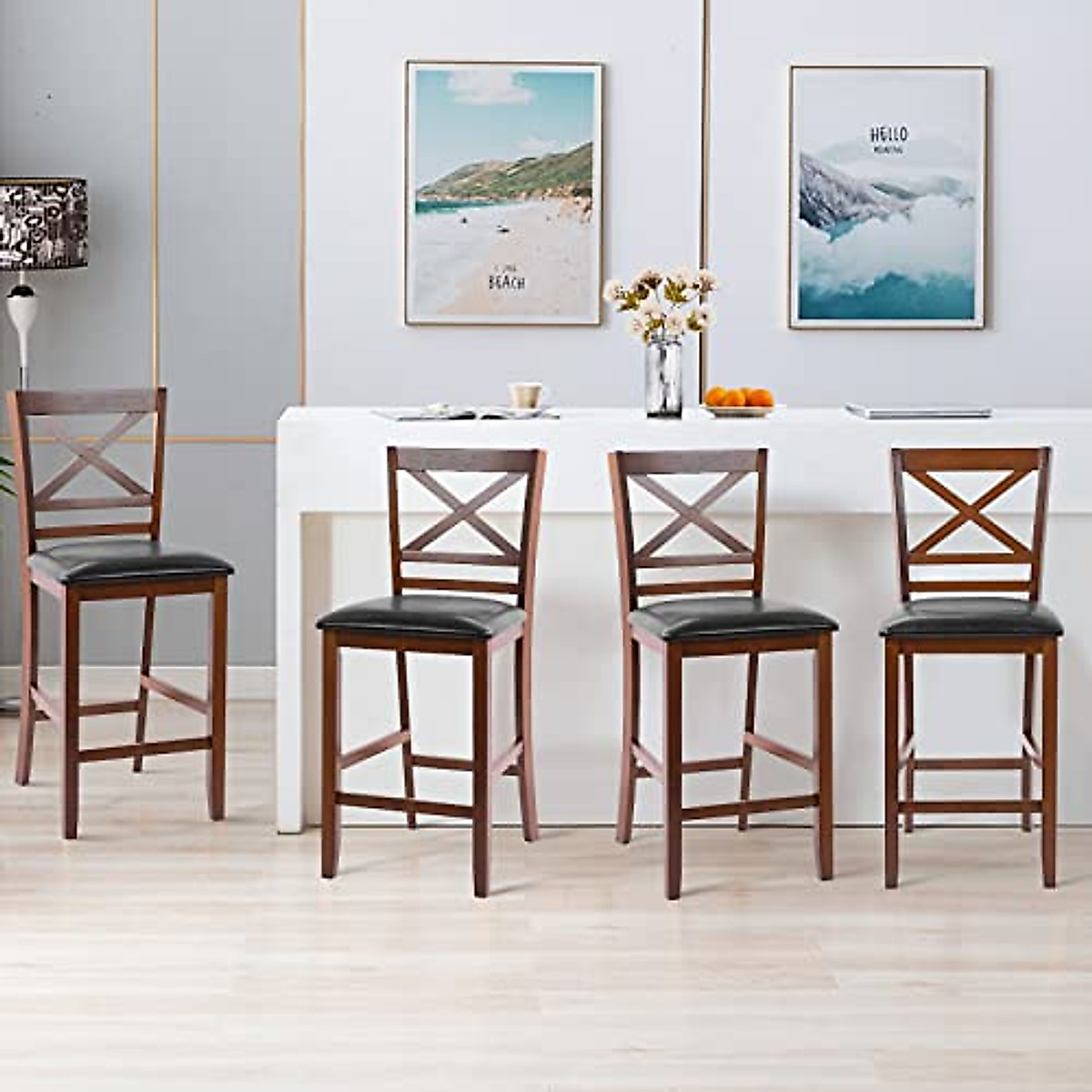 COSTWAY Bar stools Set of 4, Modern 25” Counter Height Dining Pub Stools with X-Shaped Backrest, Soft Cushion & Durable PU Seat, Simplistic Armless Kitchen Chairs for Home, Cafe Store, Restaurant (4)