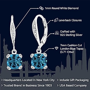 Gem Stone King 925 Sterling Silver London Blue Topaz and White Diamond Earrings For Women (3.71 Cttw, Gemstone November Birthstone, Cushion 7MM)