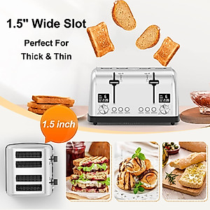 Toaster 4 Slice,Ultra-Clear Led Display, Dual Control Panels With Independent Settings,Retro Stainless Steel Toater with 6 Shade Settings,4 Slice Toaster with Bagel Lainsten Toaster T-5057D (Silver)