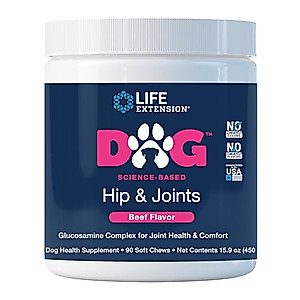 Life Extension Dog Hip & Joints - Dog Health Supplement for Joint Health and Joint Comfort - Glucosamine, MSM, Pea, Beef Flavor - 90 Soft Chews