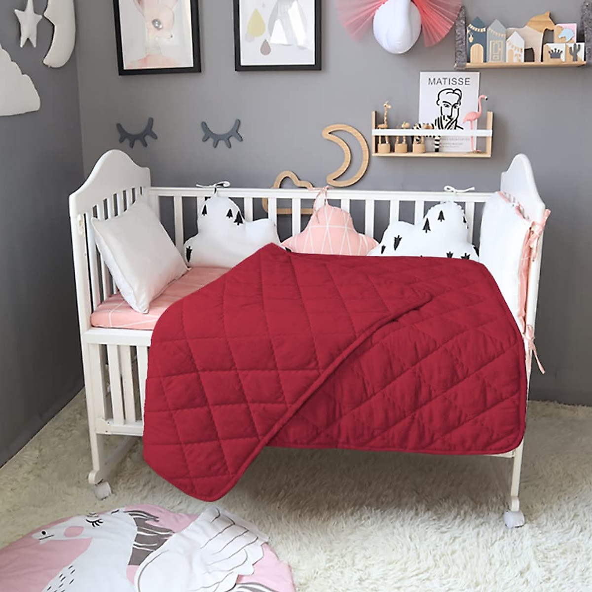 BEDSUM 100% Brushed Microfiber Down Alternative Toddler Comforter, Ultra Soft Lightweight and Warm Breathable Crib Quilted Blanket for Nursery Stroller Bed, 39x47 Inches, Red