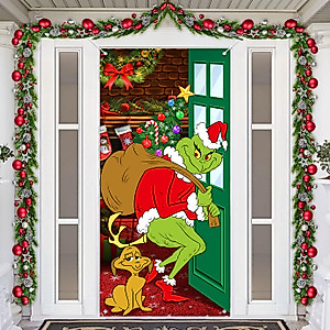 Christmas Door Cover Decorations, Green Funny Cartoon Door Cover with Dog Green Fabric Backdrop Banner for Indoor Porch Front Door Winter Home Xmas Party Supplies