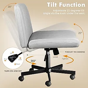 LEMBERI Criss Cross Chair with Wheels, Armless Wide Cross Legged Office Chair, Mid Back Swivel Computer Task Vanity Chairs for Home, Make Up,Small Space, Bed Room,Grey