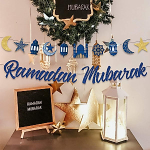 Ramadan Mubarak Banner Decorations for Home Gold Blue Moon and Star Bunting Garland Eid Ramadan Muslim Islamic Hanging Celebration Party Decorations 2 Packs for Muslim
