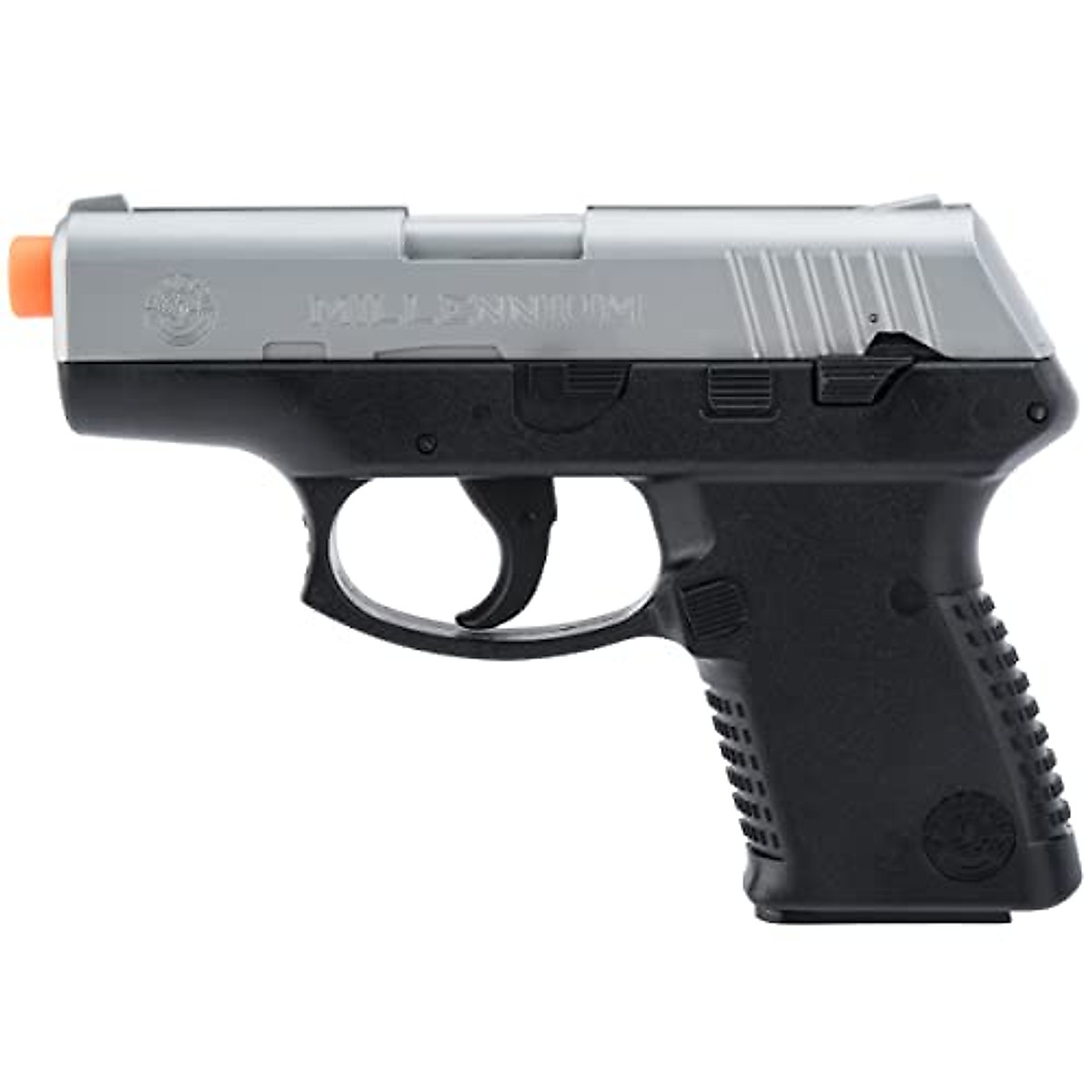 AirSoft Swiss Arms Millennium PT 111 Spring Powered Airsoft Pistol with Hop-Up and Slide Serrations, 180-200 FPS, Silver