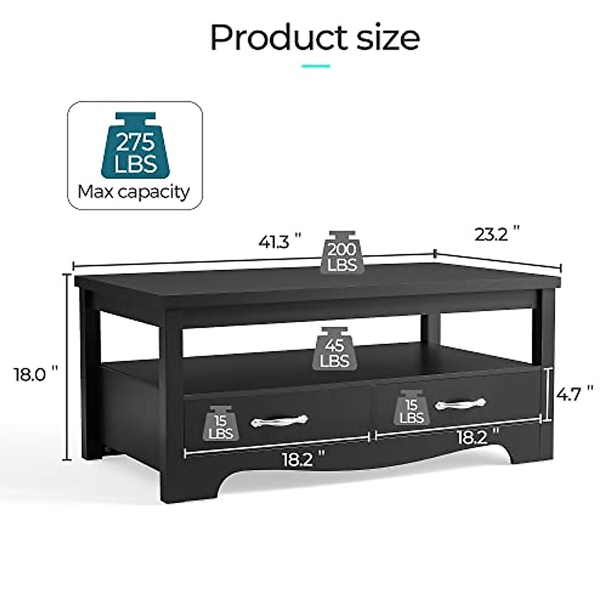 LINSY HOME Farmhouse Coffee Table with Storage, Wood Coffee Table for Living Room, Open Display Area and Storage Drawers with Metal Handles, Chic Style with Curved Base, Black