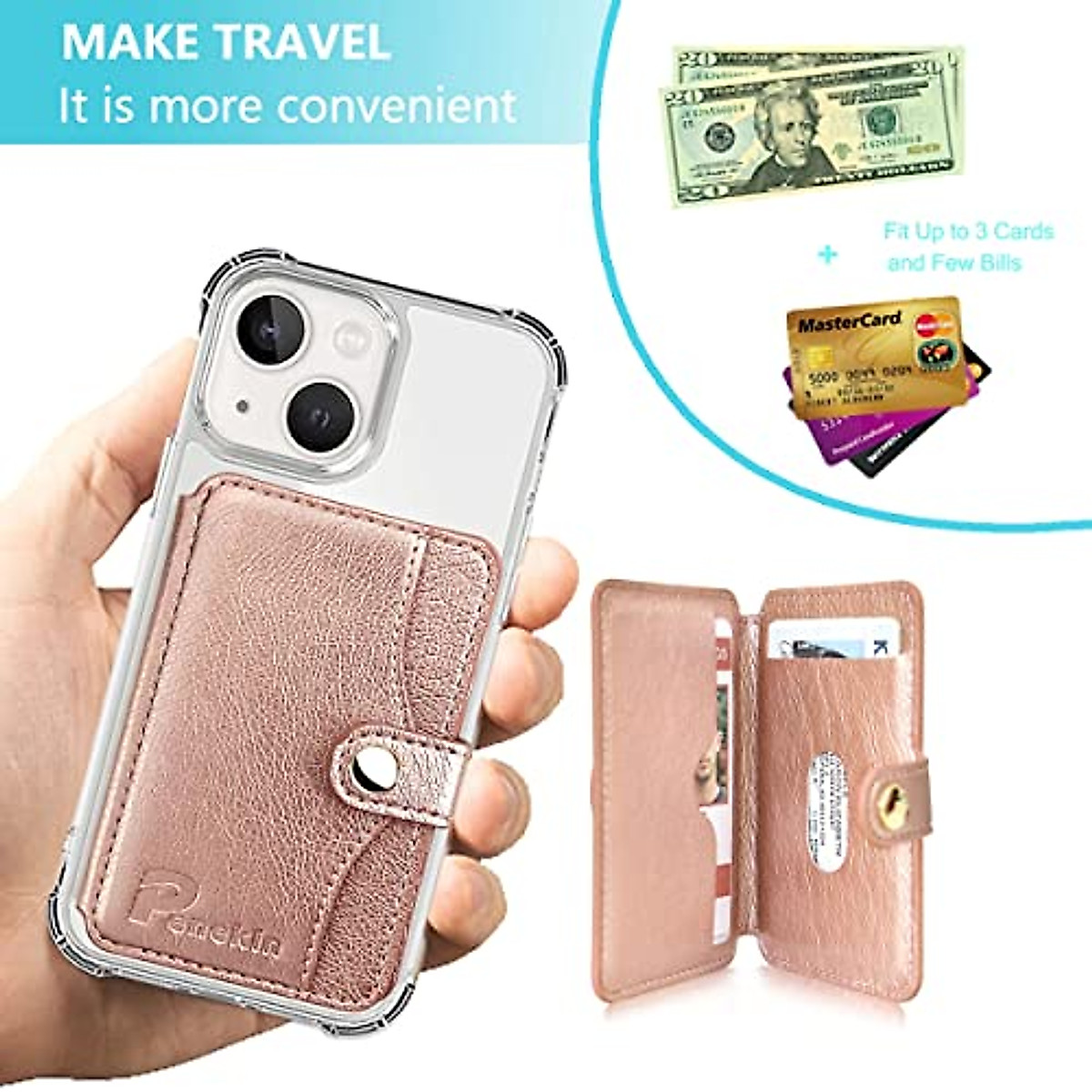 Phone Wallet Stick on,Credit Card Holder for Cell Phone,Leather Minimalist Wallet for Back of Most Smart Phone (Pink)