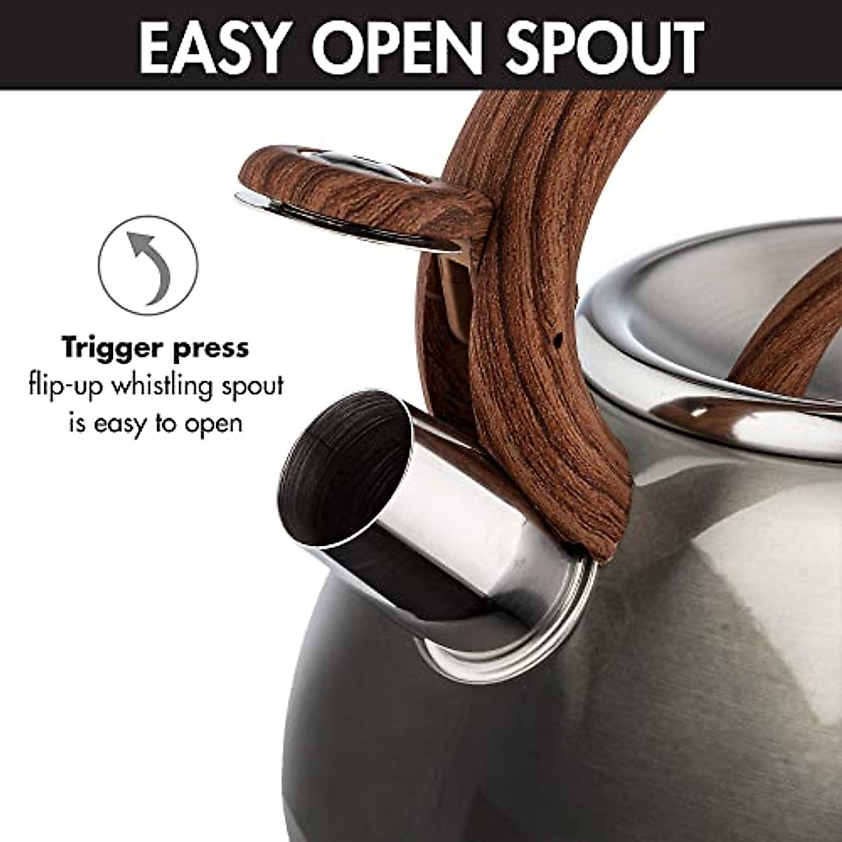 Primula Avalon Whistling Stovetop Tea Kettle, Food Grade Stainless Steel Wide Mouth, Fast to Boil, Cool Touch Handle, 2.5-Quart, Gunmetal Grey and Wood-Look