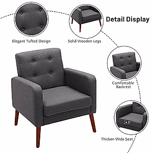 Furniliving Mid Century Modern Arm Chair, Button-Tufted Upholstered Accent Chairs for Bedrooms Living Room Chair with Solid Wood Legs Linen Fabric Comfy Lounge Chair, Dark Grey