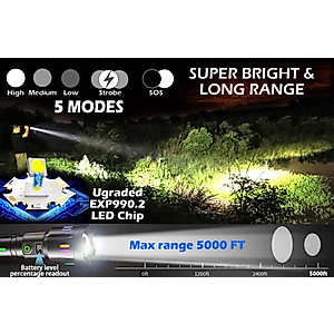 LED Flashlight, Rechargeable Flashlights High Lumens Bright 990000 Lumen, 5 Mode Tactical Flash Light Powerful IPX7 Waterproof Zoomable Focus for Emergency Camping Essential Hiking Gear Fishing Home