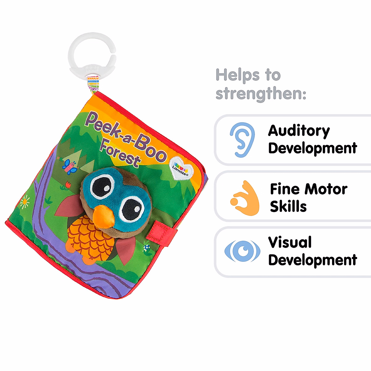 Lamaze Peek-A-Boo Forest Soft Baby Book - Clip-On Cloth Book - Washable Crinkling Fabric Pages for Sensory Play - Teething and Learning Toys for Babies - 6 Months and Up