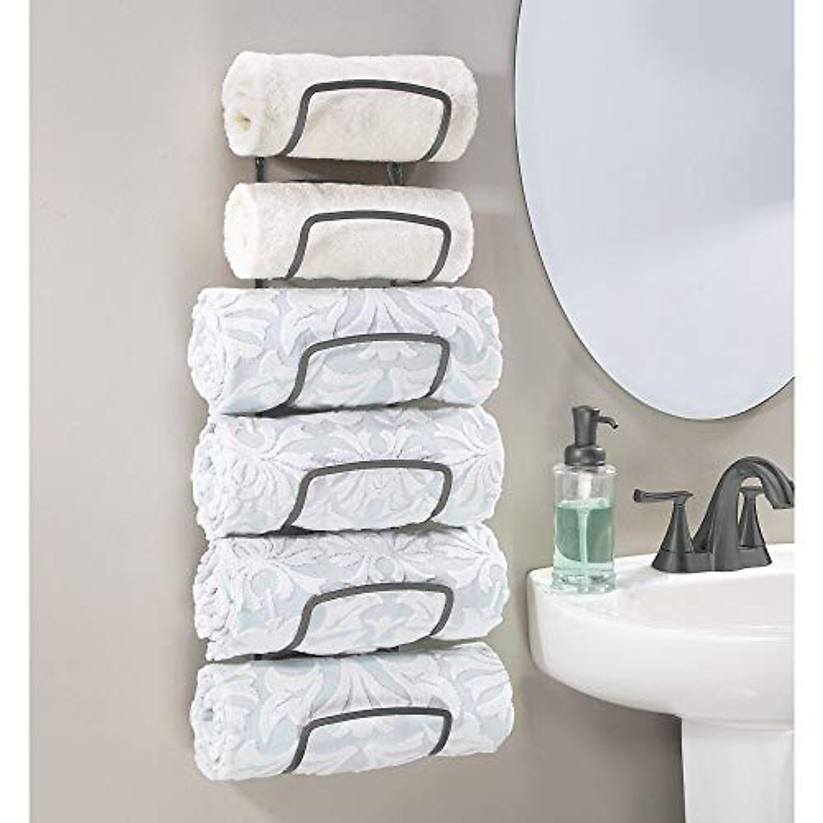 mDesign Steel Towel Holder for Bathroom Wall - Wall Mounted Organizer for Rolled Bath Towels - Six Level Wall Mount Towel Storage Rack - Bathroom Towel Organizer - Hyde Collection - Graphite Gray