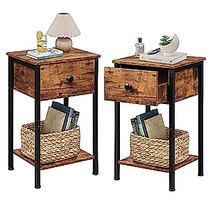 WLIVE Nightstands Set of 2, Bedside Tables with Adjustable Wooden Drawer, 2-Tier Night Stands for Couch, Bed, Sofa, End Table Side Table for Bedroom, Living Room, Rustic Brown