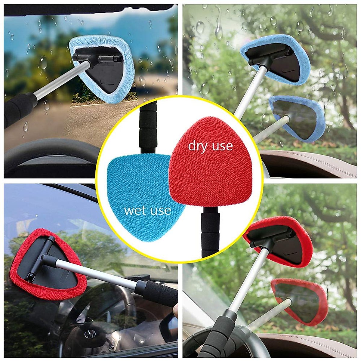 AutoEC Auto Car Windshield Cleaner, Extendable Handle Window Cleaner Brush Kit Comes with 4 Packs Washable and Reusable Pads（2 Wet Use 2 Dry Use）