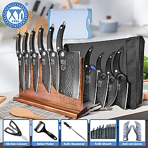 XYJ Professional Black Kitchen Knife Set with High-Carbon Steel Forged Blades, Chef's Knife, Cleaver, Carving Knife, Nakiri, Includes Carrying Bag & Poultry Scissors,Gift Bag Christmas Gifts