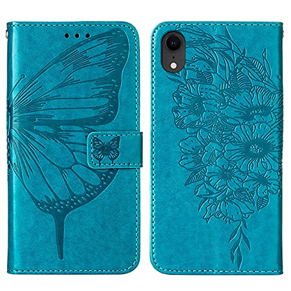 Phone Case for iPhone XR Wallet,Card Holder [Kickstand][Wrist Strap] Butterfly Floral Embossed for Women PU Leather Flip Protective Cover for iPhone XR Cases 2021 (Blue)