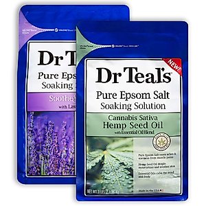 Dr. Teal's Pure Epsom Salt Soaking Solution Gift Set (2 Pack, 3lbs ea.) - Soothe & Sleep Lavender, Cannabis Sativa Hemp Seed Oil with Essential Oil Blend - Nourish Skin & Promote a Better Nights Sleep