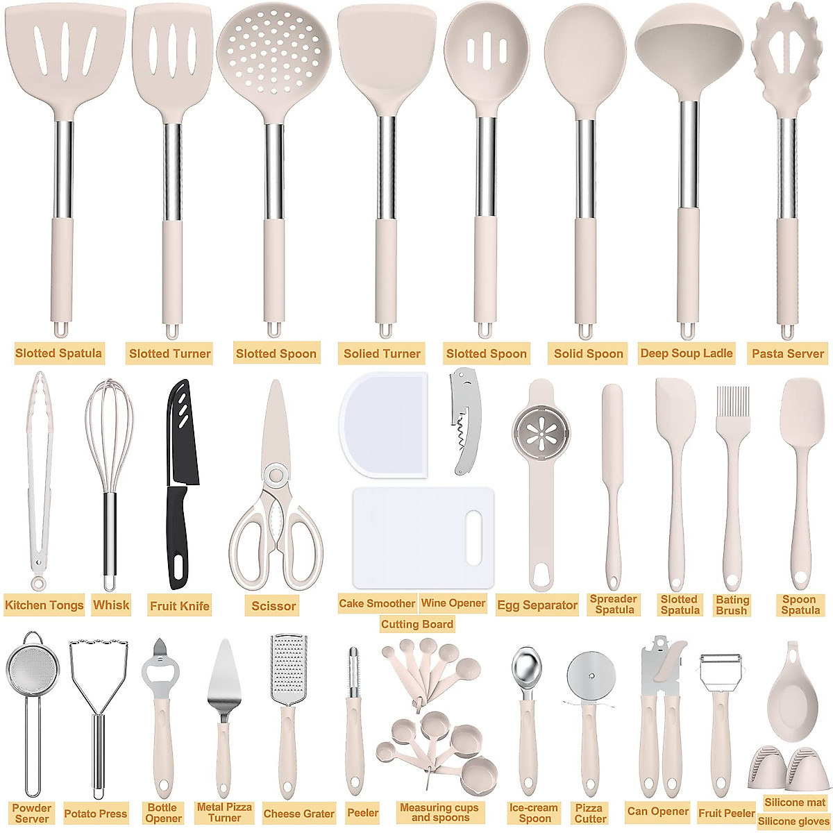 Silicone Cooking Utensil Set, Umite Chef 43 PCS Heat Resistant Kitchen Utensil Gadgets Set-Stainless Steel Handle- Kitchen Spatula Tools for Nonstick Cookware, Pots and Pans Accessories (Khaki)