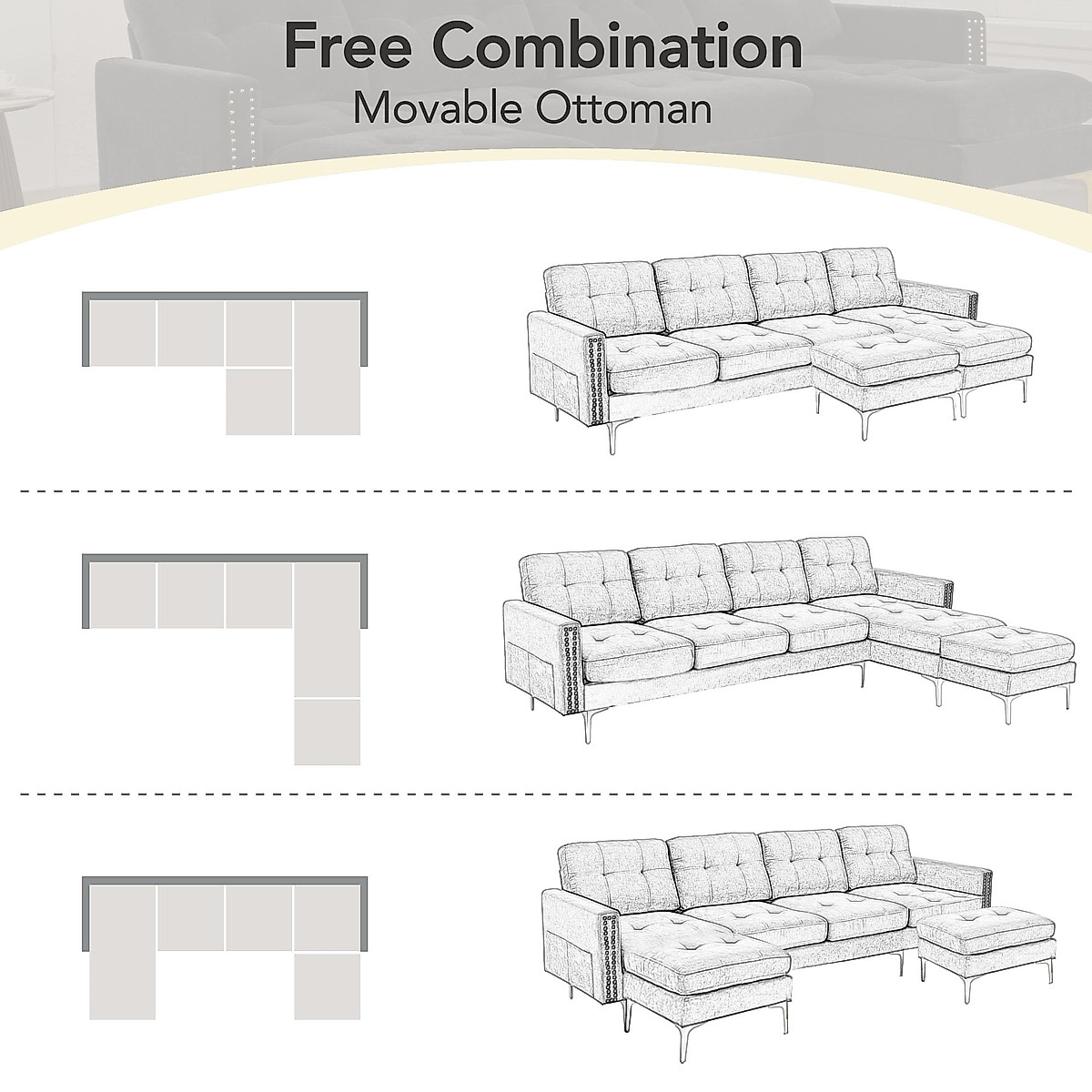 FANYE 111" W U-Shaped Sectional Sofa Couch with Reversible Chaise and Movable Ottoman, Modern 5-Seaters Convertible Corner Sofa&Couch with Side Pockets and Nail Head Decor for Living Room