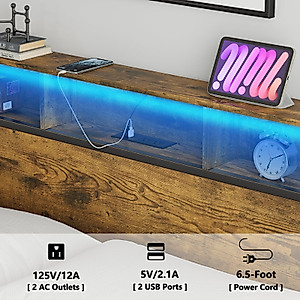 furomate Bed Frame Queen Size Metal Bed Frame with Storage Headboard and 4-Drawers, Platform Bed Frame with LED Light & Charging Station, No Box Spring Needed, Rustic Brown