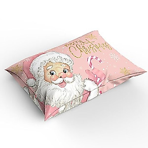 LBHAUSE 3 Piece Bedding Set Comforter/Quilt Cover Set Twin Size, Merry Christmas Duvet Cover Set with 2 Pillow Shams for Teens/Adults/Toddler Santa Claus Candy Snowflake Pink