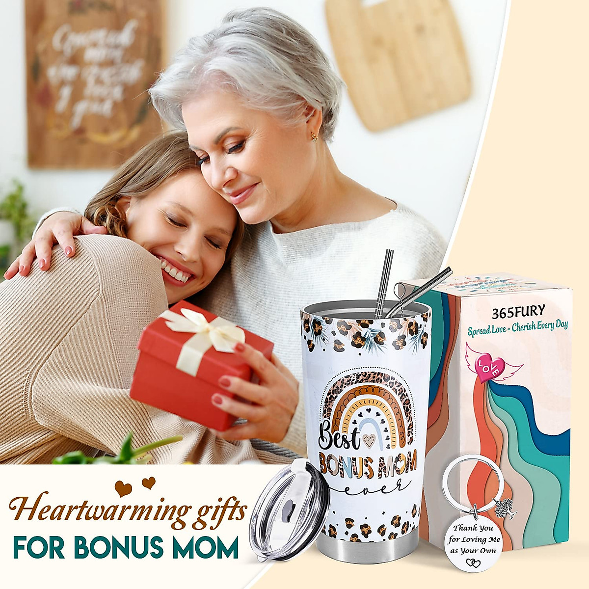 365fury Gifts For Bonus Mom From Son, Daughter - Best Bonus, Step Mom Ever Gifts - 20oz Tumbler w/Straw & Keychain - Christmas, Mothers Day, Birthday Gifts For Stepmom, Mother In Law, Boyfriend Mom