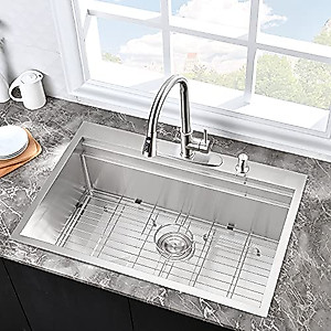 33 Inch Drop In Kitchen Sink Workstation-Hovheir 33x22 Stainless Steel Topmount Double Ledges Workstation Sink 16 Gauge Deep Single Bowl Overmount