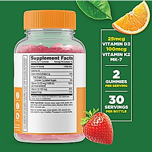 Lifeable Vitamin D3 + K2 - Great Tasting Natural Flavor Gummy Supplement Vitamins - Gluten Free Vegetarian and Non-GMO Chewable - for Strong and Healthy Bones - 60 Gummies (Adults)
