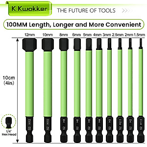 TLEEP 3.94" Long 10Pcs 1/4" Hex Head Allen Wrench Drill Bits, Metric 1.5MM to 12MM Hex Key Drill Bit Set, Magnetic Tips Screwdriver Socket Bit Set for Ikea Type Furniture (S2 Steel), New Version