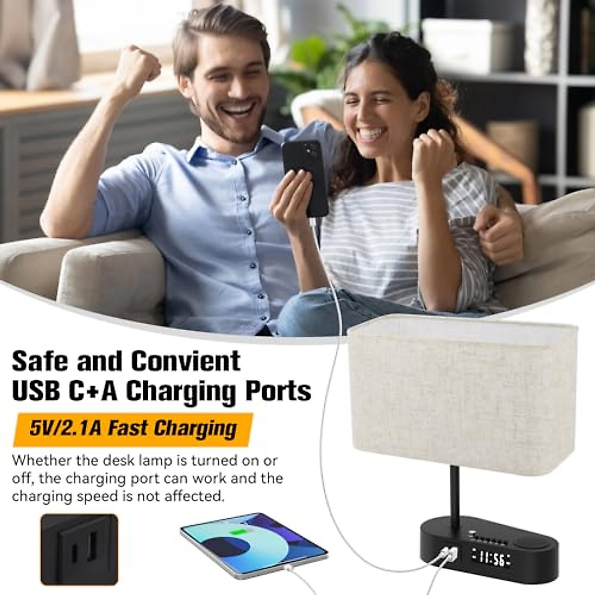 Lotelu Table lamp with USB A & C Charging Ports, Modern Bedside Lamps with Alarm Clock & Speakers - 3 Way Dimmable Desk Touch Lamp for Nightstand, Bedroom, Living Room, Office (LED Bulb Included)