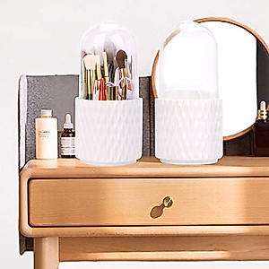 Yoseng Makeup Brush Holder Organizer with Lid,9 * 4.5" Makeup Brush Case,360 Rotating Modern Ins Style large Dustproof Makeup Brushes Organizer cups for Vanity (Water ripple- white)