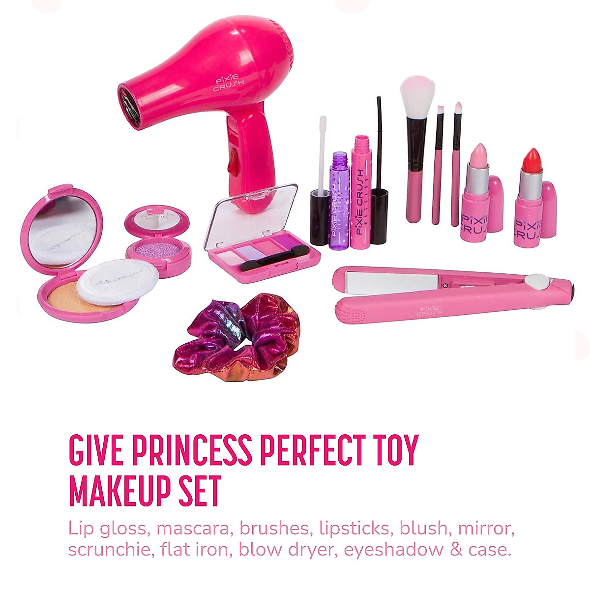 PixieCrush Kids Makeup Kit for Girls - with Pretend Hair Dryer and Flat Iron - Play Hair Styling Kit for Kids and Little Girls - Ages 3, 4, 5, 6, 7, 8, 9, 10 - Comes in a Pink Carrying Case