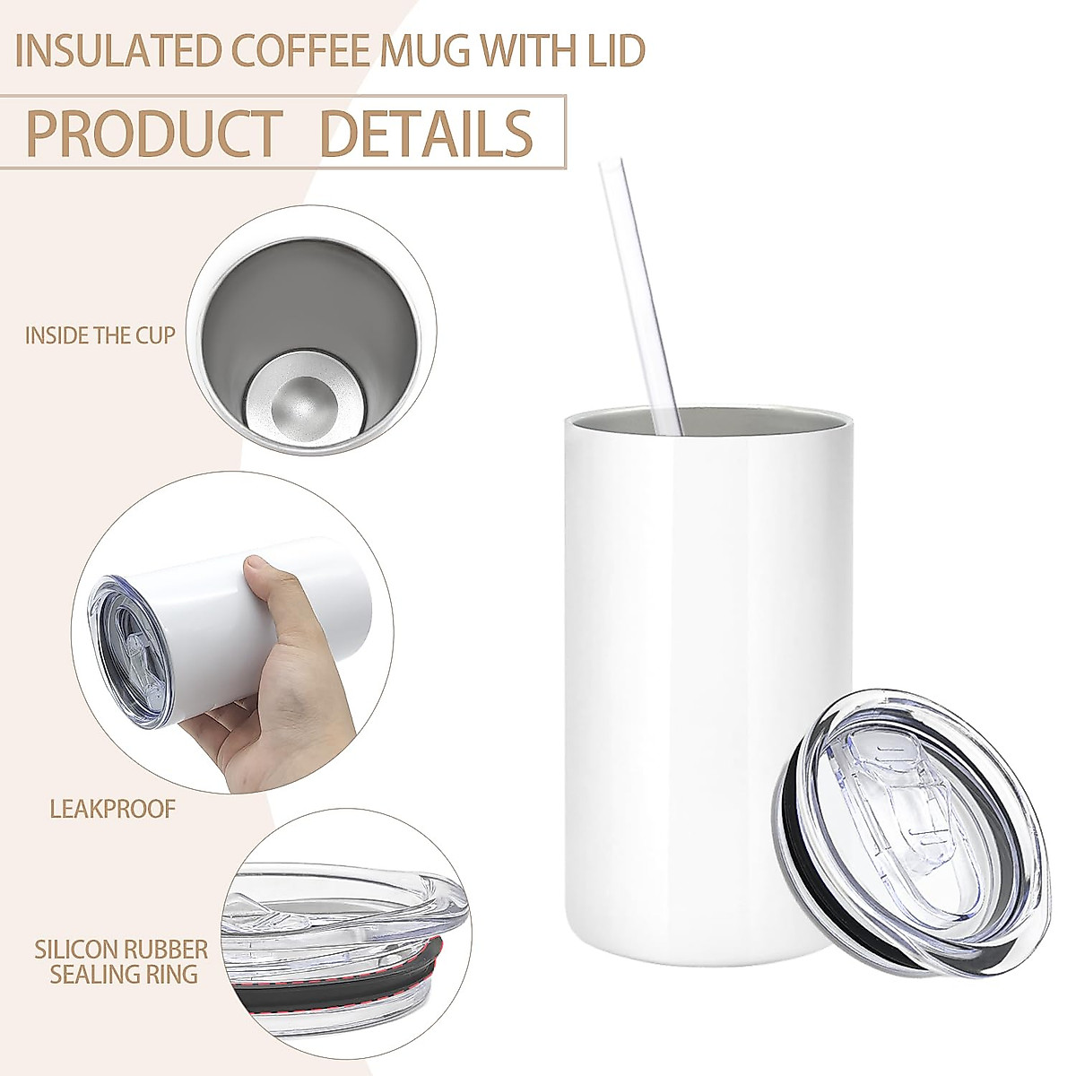 YOUKE OLA 16 Pack Sublimation Tumblers Blanks Bulk Sublimation Cups Skinny Straight Tumbler Stainless Steel Double Wall Insulated Water Bottles with Lid & Straw for DIY Gift, 12oz White