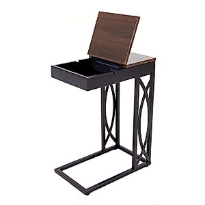 Leisure Space SeeTable - Stash with Device Stand, Charging Station, and Storage (Dark Brown Frame/Walnut Finish Table Top) - C Table/End Table/Side Table/Accent Table