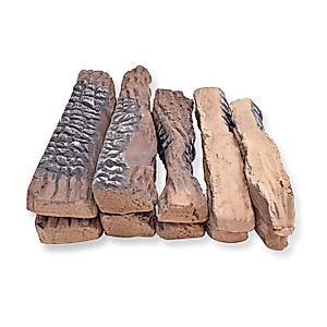 Chesio Ceramic Fire Log Set - 10 Piece Indoor Fireplace Logs - Complete with Rockwool Glowing Embers