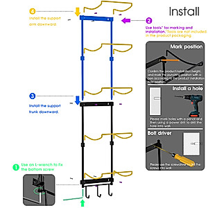 Yoga Mat Holder Wall Mount, Wall Rack Organizer, Storage Foam Roller and Block, with 5 Sectional and 3 Hooks for Hanging Yoga Strap, Resistance Bands at Fitness Class or Home Gym, Decor(Black)