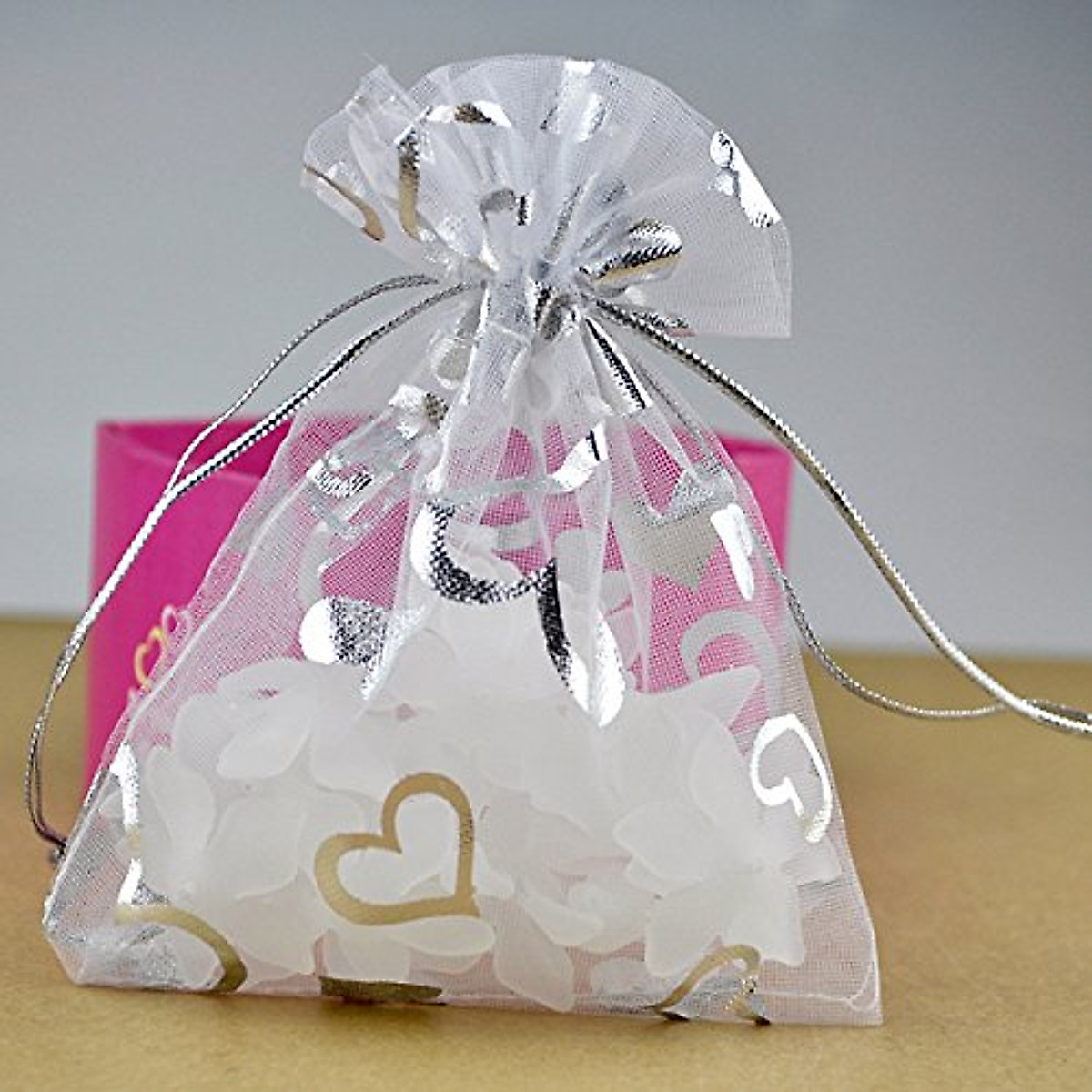 Ximkee 100Pcs 3x4 inch Heart Organza Drawstring Pouches Bags Jewelry Wedding Favor Gift Bags Party Favors Party Christmas Festival Gift Bags Candy Pouch Bags