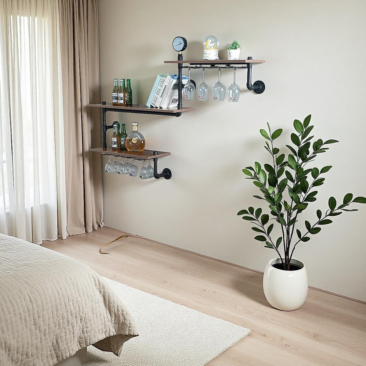 MAIKAILUN Wine Rack Wall Mounted Corner 3 Tier, Hanging Floating Small Mini Bar Liquor Shelves with Glass Holder Storage Under, Industrial Rustic Pipe Farmhouse Kitchen Decor Black