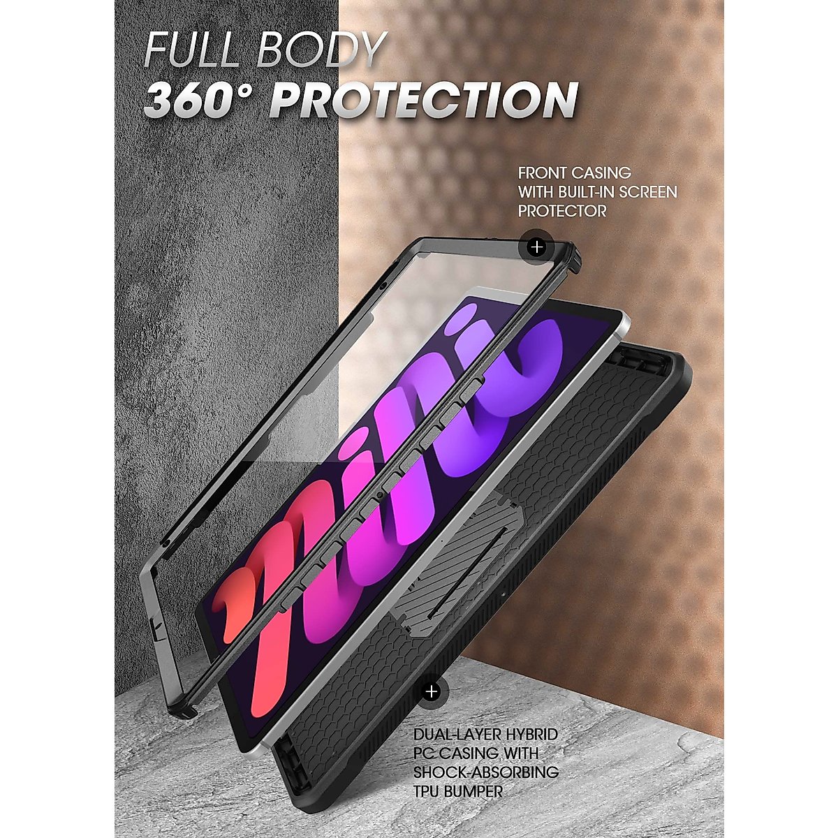 SUPCASE Unicorn Beetle Pro Series Case for iPad Mini 6th Generation 8.3 Inch (2021), Support Apple Pencil Charging with Built-in Screen Protector Full-Body Rugged Kickstand Protective Case (Black)